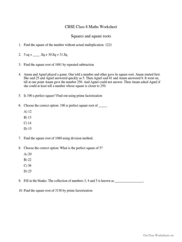 Squares and Square Roots CBSE Class 8 Worksheet | PDF | Numbers ...