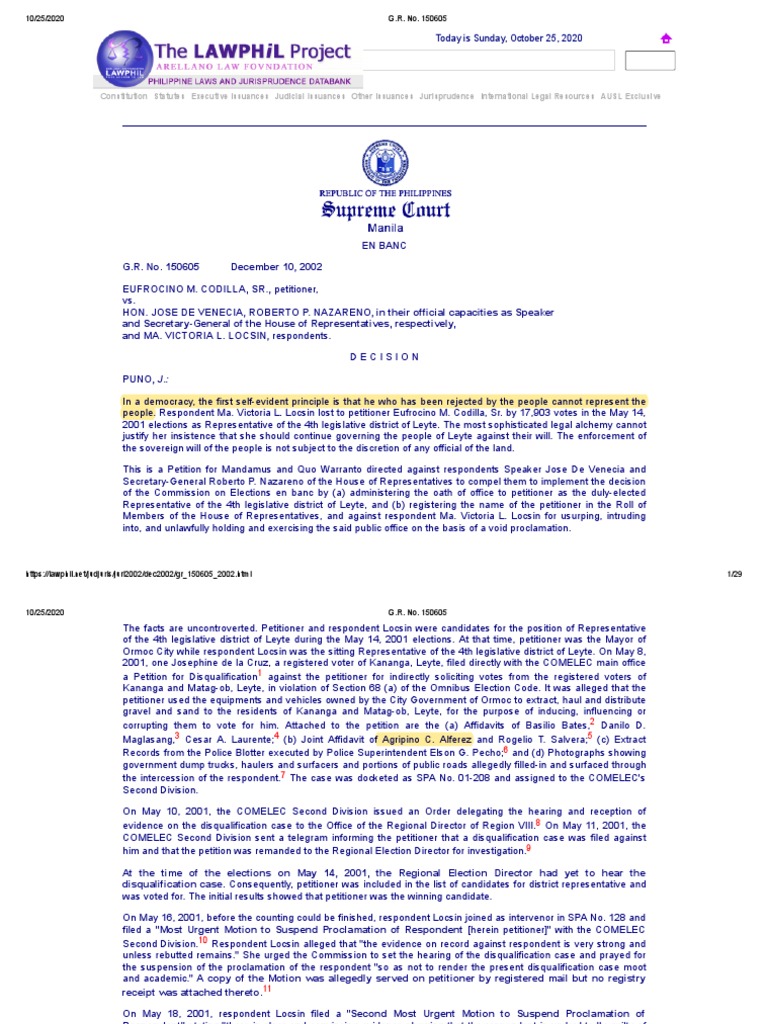 Codilla vs. de Vencecia PDF | PDF | Commission On Elections (Philippines) | Mandamus