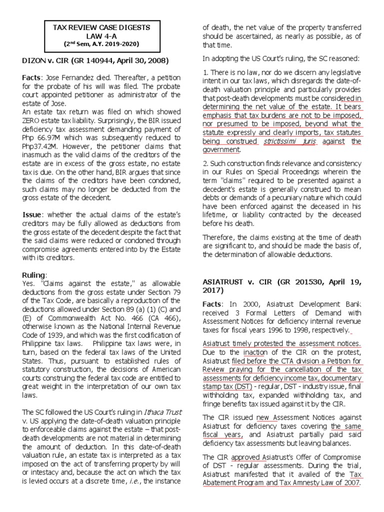 Tax Review Case Digests Partial | Download Free PDF | Internal Revenue ...