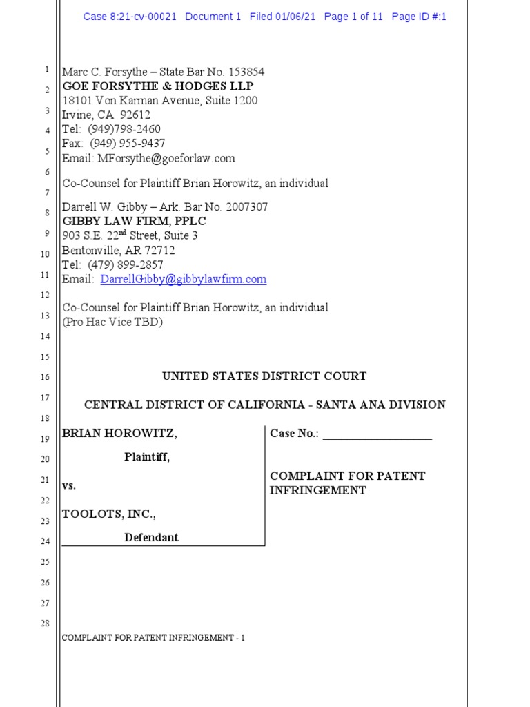 Patent Infringement Complaint: Horowitz vs. Toolots | PDF | Patent ...