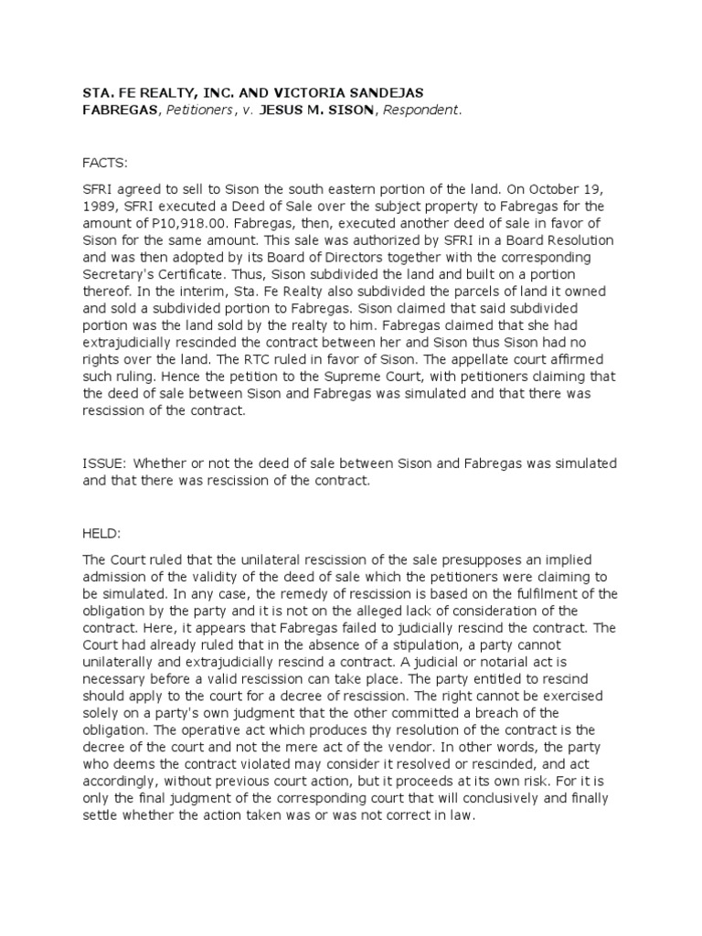 Sta. Fe Realty & Fabregas vs. Sison | PDF | Deed | Business Law