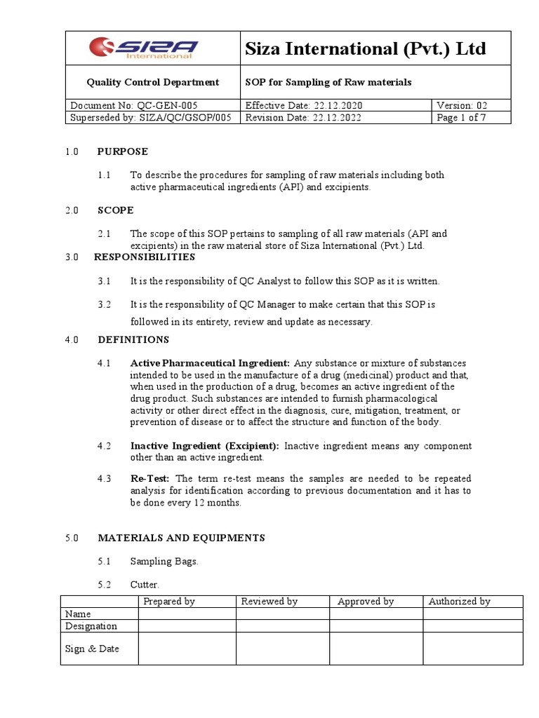 05-SOP For Raw Material Sampling | PDF | Materials | Chemistry