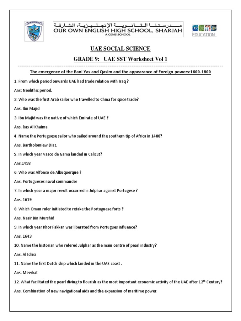 Uae Social Science GRADE 9: UAE SST Worksheet Vol 1 | PDF