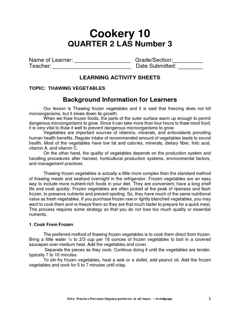 COOKERY 10 Quarter 2 LAS No. 3 | PDF | Vegetables | Stir Frying