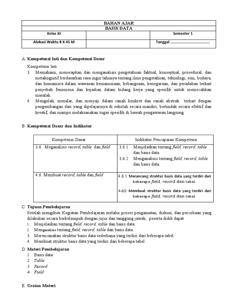 Materi Basis Data Kelas XI Semester 1 | PDF