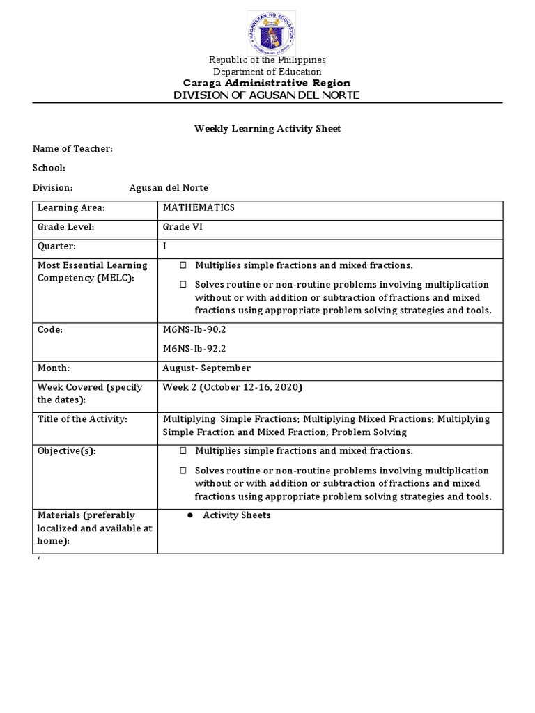 Grade 6 Math: Week 2 Activities | PDF | Multiplication | Arithmetic
