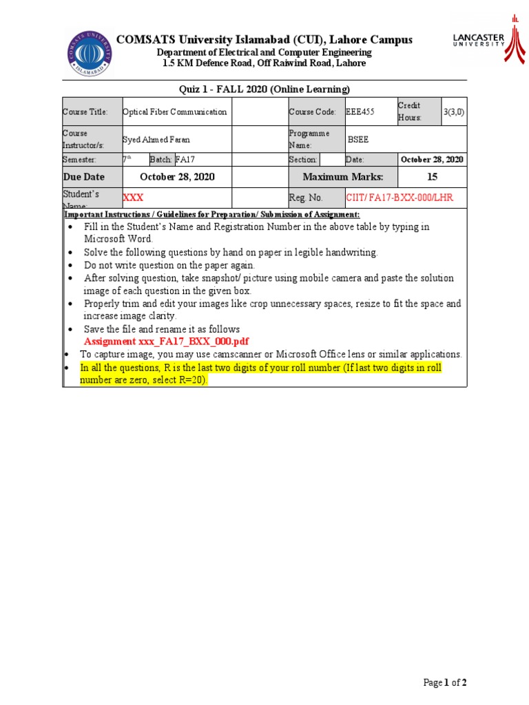 COMSATS University Islamabad (CUI), Lahore Campus | PDF | Optical Fiber ...