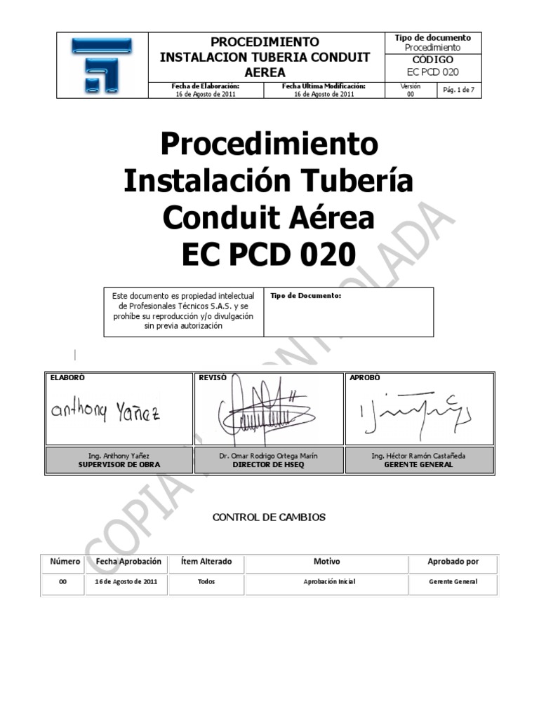 Instalación Tubería Conduit Aérea EC PCD 020 | PDF | Tubería ...