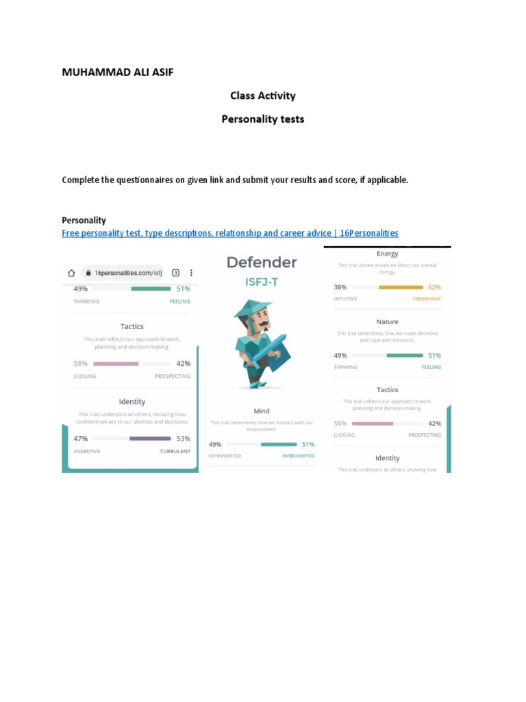 Muhammad Ali Asif Class Activity Personality Tests | PDF