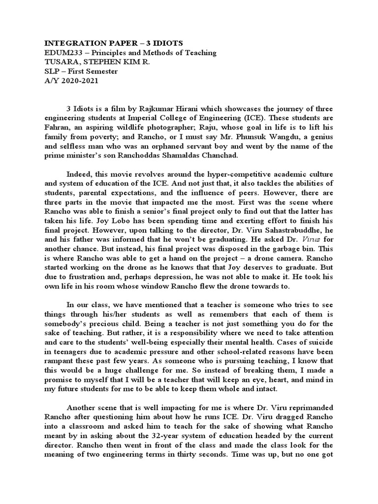 Integration Paper - 3 Idiots - EDUM233 - SLP - Tusara, Stephen | PDF ...
