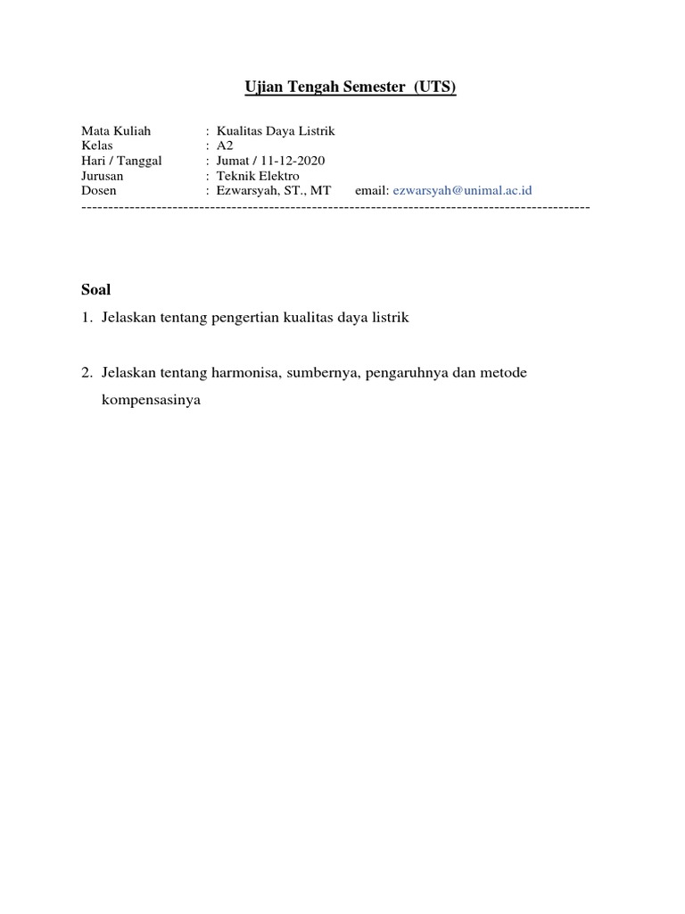 UTS MK Kualitas Daya Listrik PDF | PDF | Metode & Bahan Ajar | Teknologi & Rekayasa