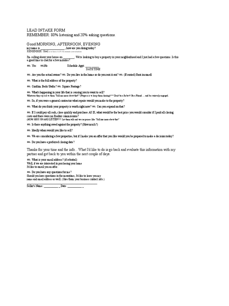 Lead Intake Form REMEMBER: 80% Listening and 20% Asking Questions. Good ...