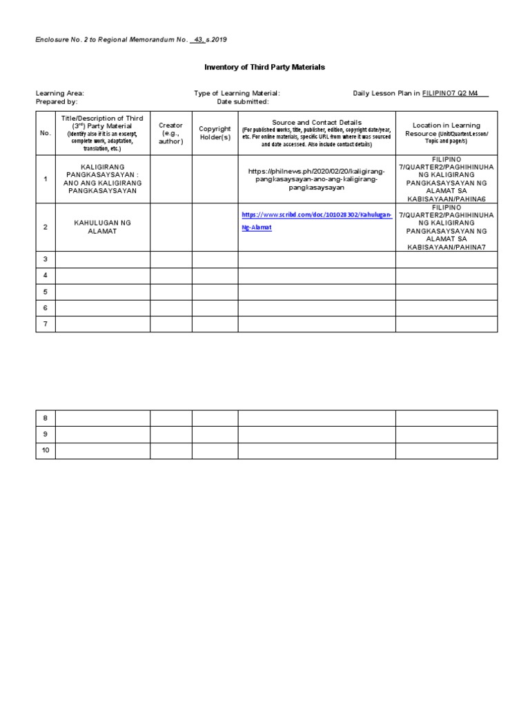 Inventory of Third Party Materials: Enclosure No. 2 To Regional ...