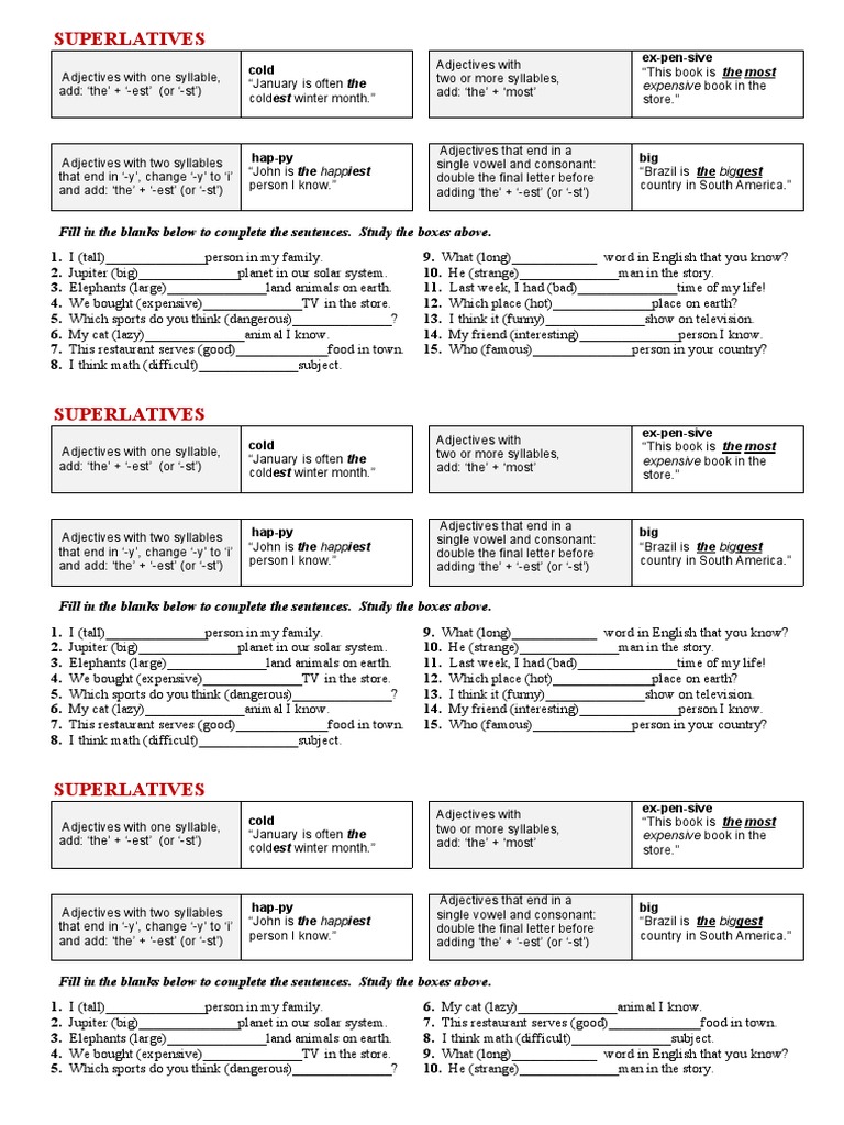 Superlatives: Fill in The Blanks Below To Complete The Sentences. Study The Boxes Above | PDF ...