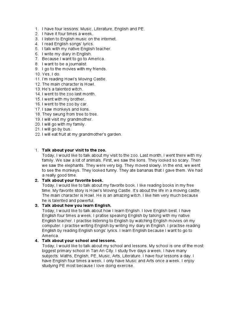 Grade 5 Speaking Final Exam | PDF