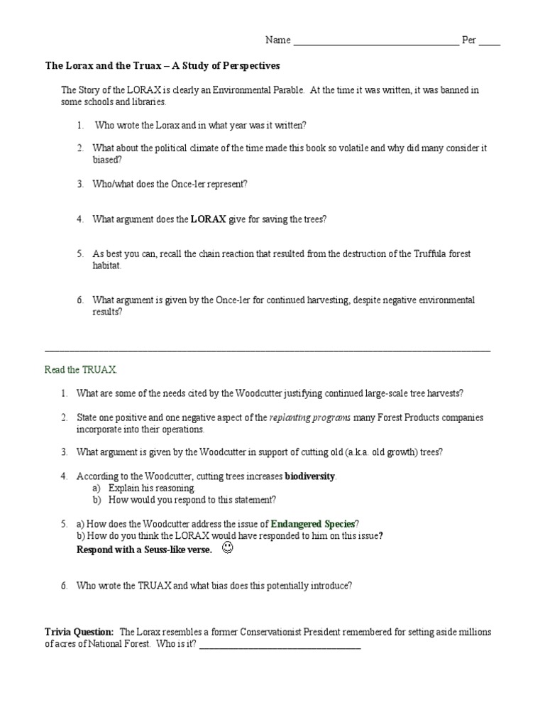 The Lorax and The Truax - A Study of Perspectives: Name - Per | PDF
