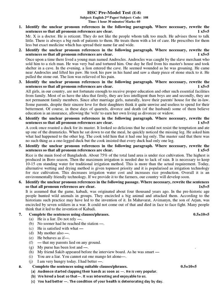 HSC English 2nd Paper Pronoun Test | PDF | Language Arts & Discipline
