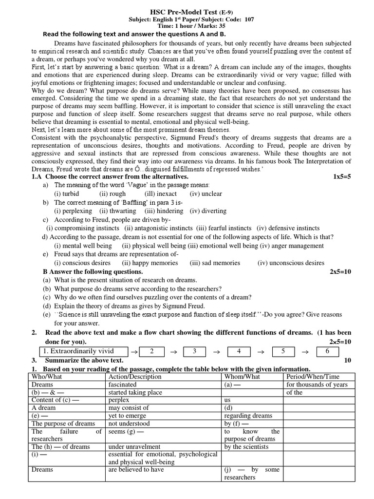 HSC Pre-Model Test 2019 (E-9) Q - A | PDF | Dream | Unconscious Mind
