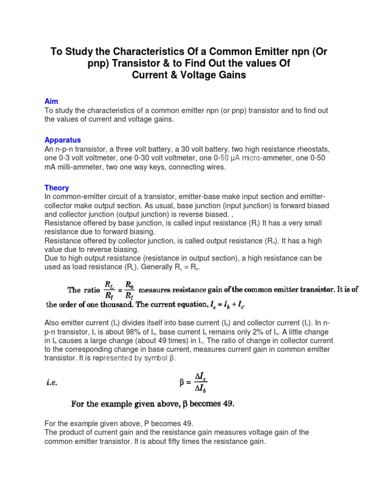 To Study The Characteristics of A Common Emitter NPN (Or PNP ...