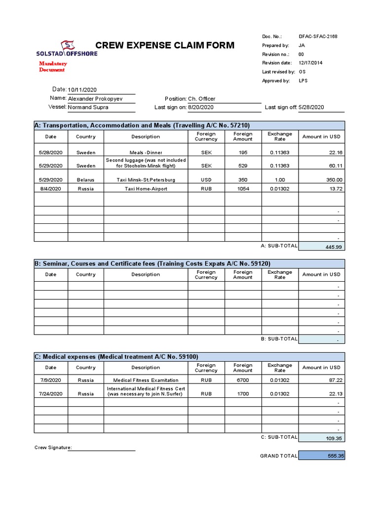 Crew Expense Claim Form: Date | PDF | Economies | Business