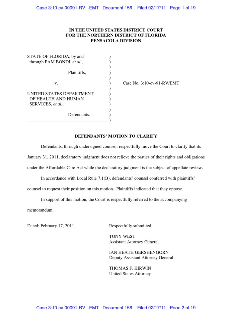 Motion To Clarify | PDF | Patient Protection And Affordable Care Act | American Government