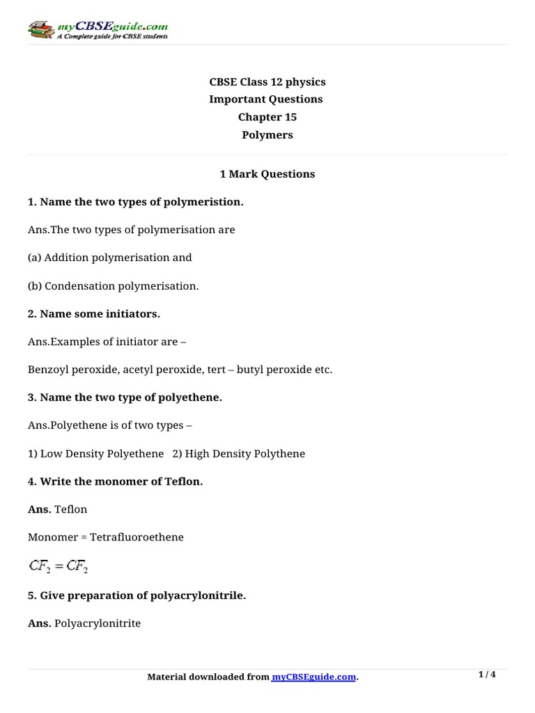 12 Chemistry Imp ch15 1 | PDF | Copolymer | Polymers