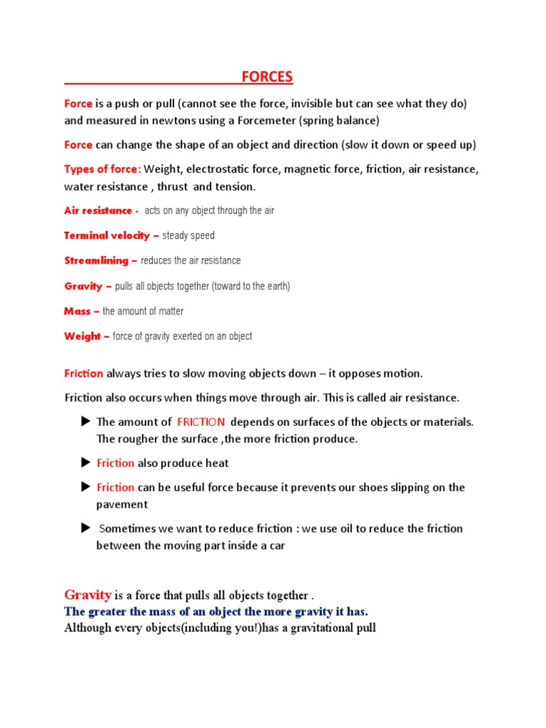 Summary Notes Year 7 | PDF | Force | Friction