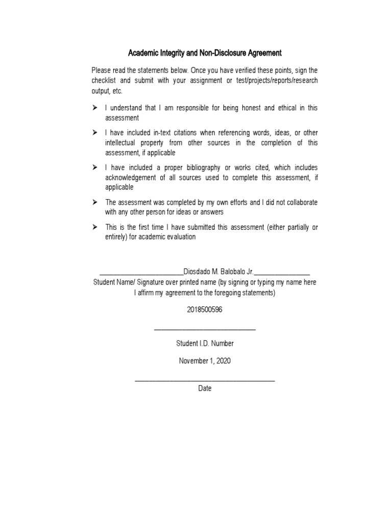 Academic Integrity Agreement Checklist | PDF | Career & Growth