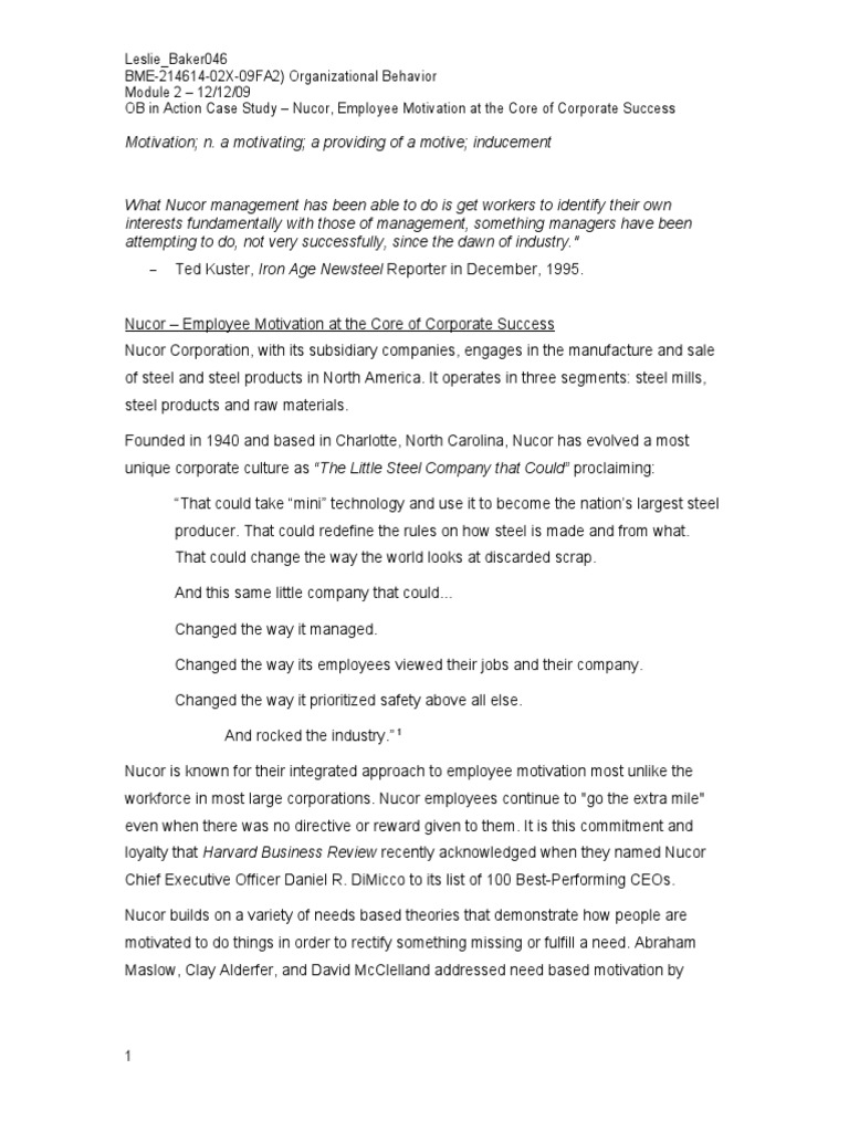 Nucor Case Study | PDF | Motivation | Motivational