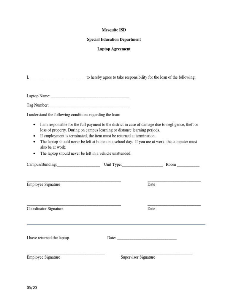 Fillable LAPTOP TAKE HOME AGREEMENT | PDF