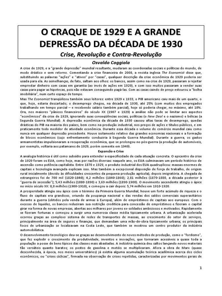 A Crise De 1929 E A Grande Depressao Pdf Pdf A Grande Depressão