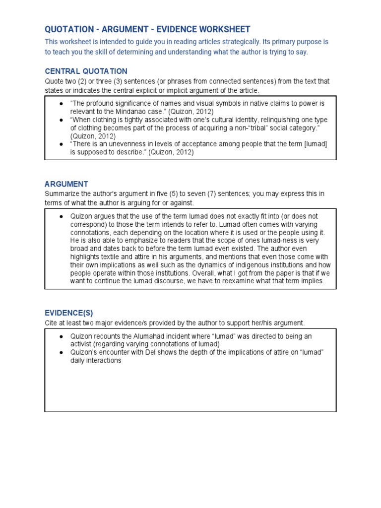 Quotation - Argument - Evidence Worksheet | PDF