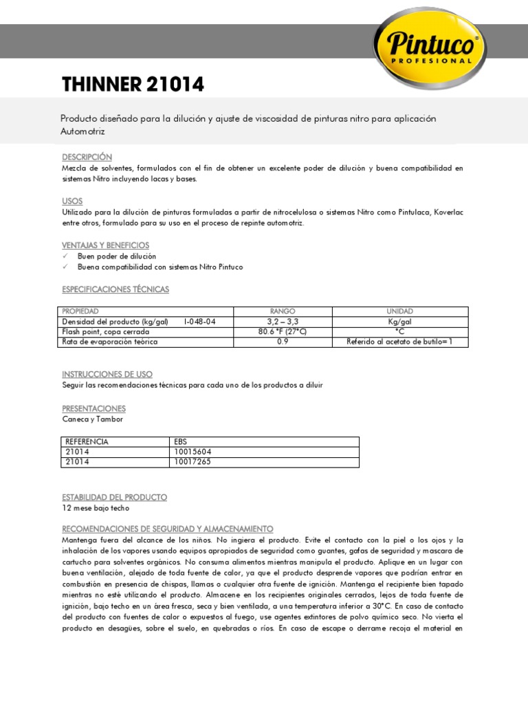 Thinner Nitro 21014 Ficha Tecnica Pintuco | Descargar gratis PDF | Agua | Química