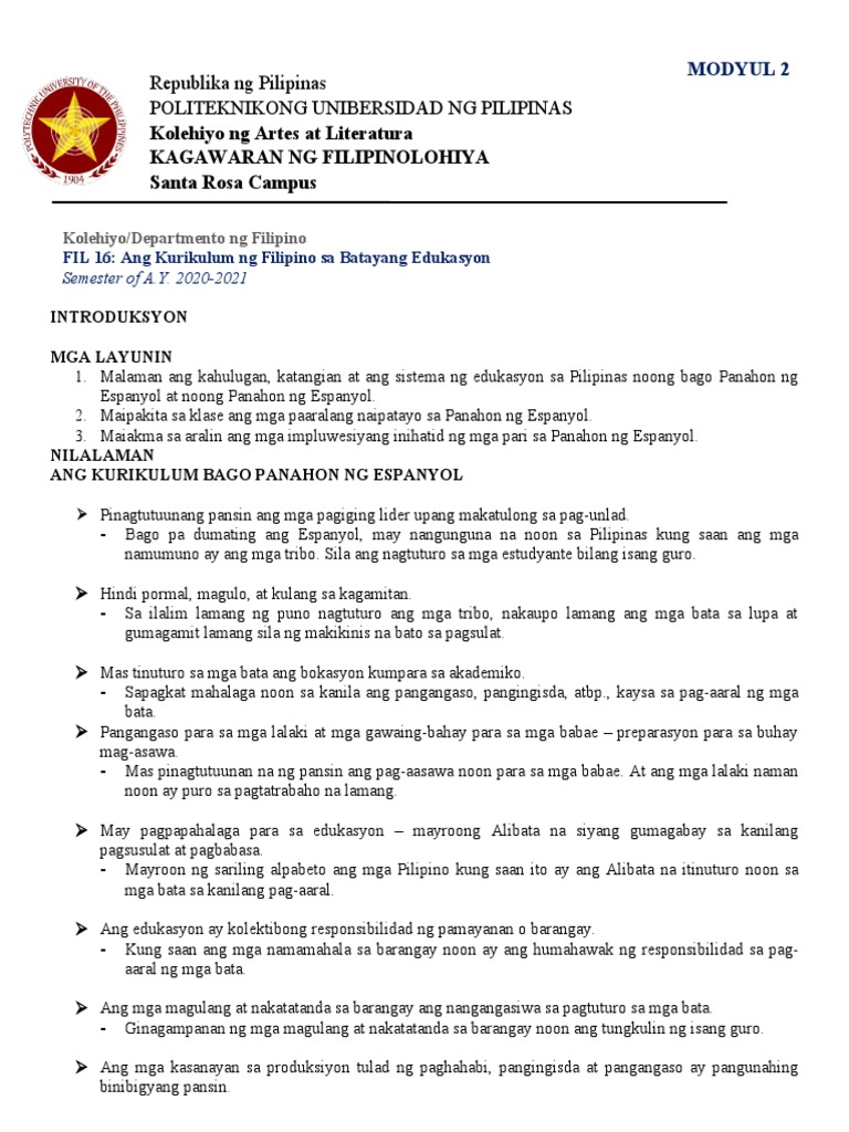 Ang Kurikulum NG Filipino Sa Batayang Edukasyon Module 2 | PDF