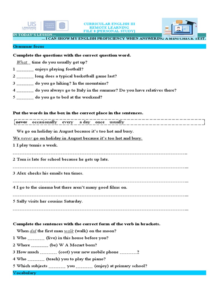 Time Do You Usually Get Up?: Complete The Questions With The Correct ...