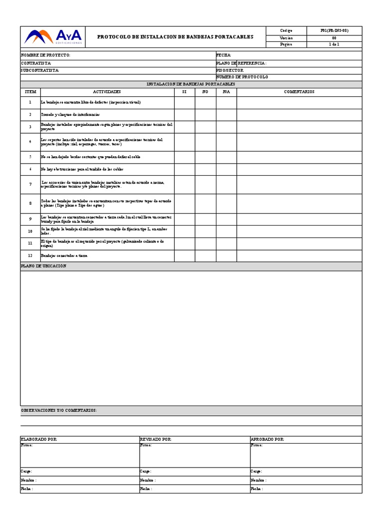 F01 (PR-INS-08) Protocolo Inst de Bandejas Portacables - REV01 | PDF ...
