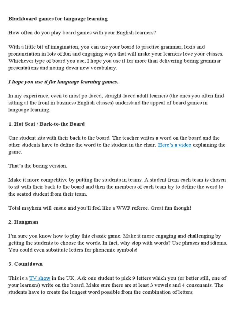 Blackboard Games For Language Learning | PDF | English As A Second Or ...