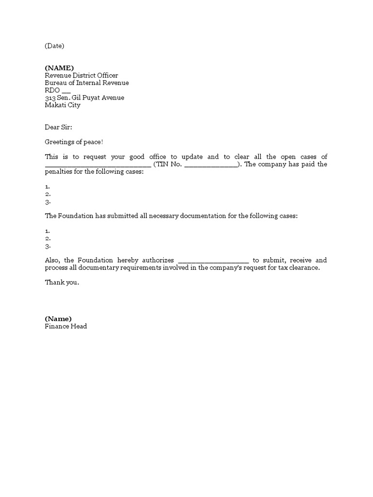 BIR Request Letter Tax Clearance Payment Sample | PDF