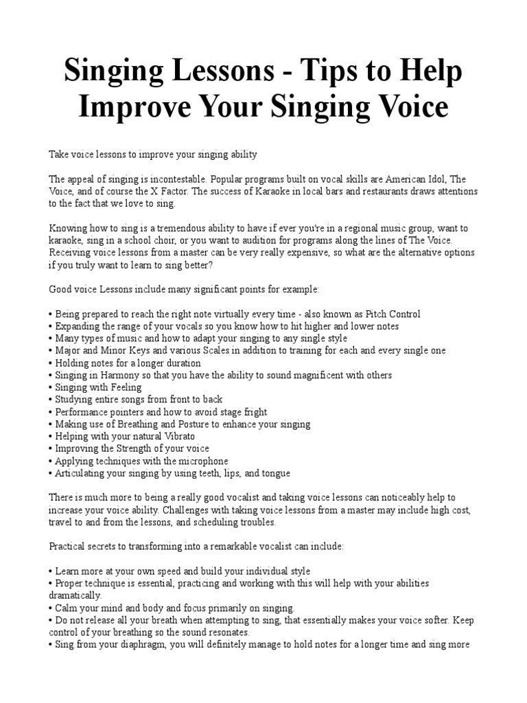 Singing Lessons - Tips To Help Improve Your Singing Voice | PDF | Vocal ...