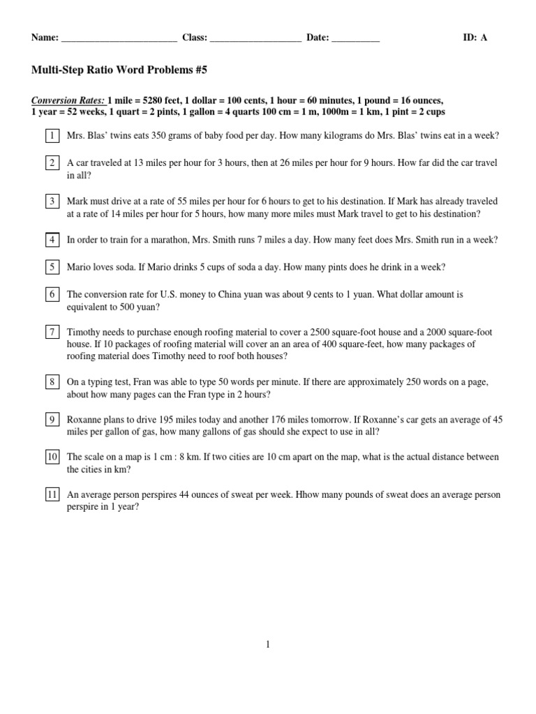 Multi-Step Ratio Word Problems 5 | PDF | Gallon | Pound (Mass)