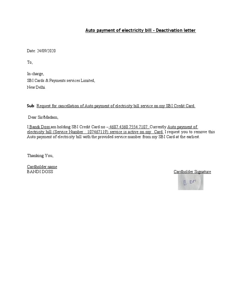 Auto Payment of Electricity Bill - Deactivation Letter: Sub: Request | PDF