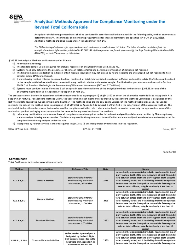 EPA RTCR - Approved - Methods | PDF | Filtration | Escherichia Coli