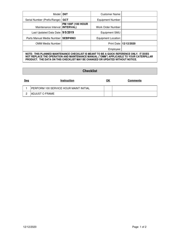 PM 100F (100 HOUR Interval) : Checklist | PDF