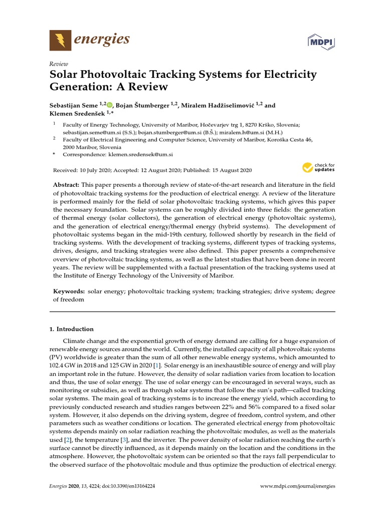 Energies: Solar Photovoltaic Tracking Systems For Electricity Generation: A Review | PDF ...