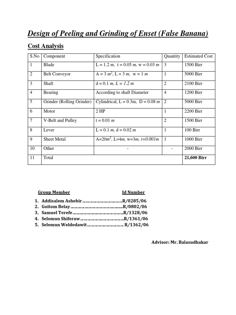 Cost Estimation For Design of Peeling and Grinding of Enset | PDF ...