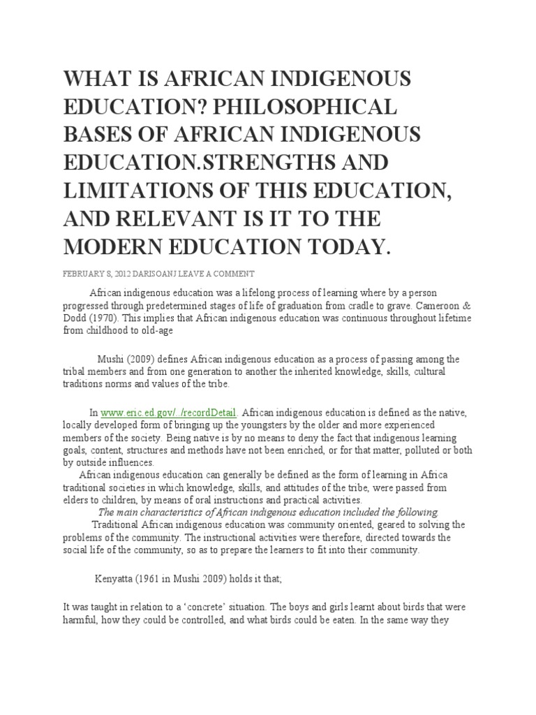 What Is African Indigenous Education? Philosophical Bases of African ...