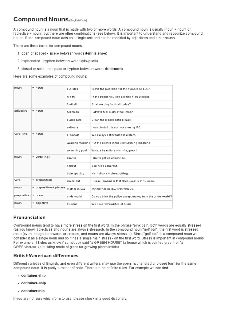 Compound Nouns - Grammar - EnglishClub | PDF | Noun | Adjective