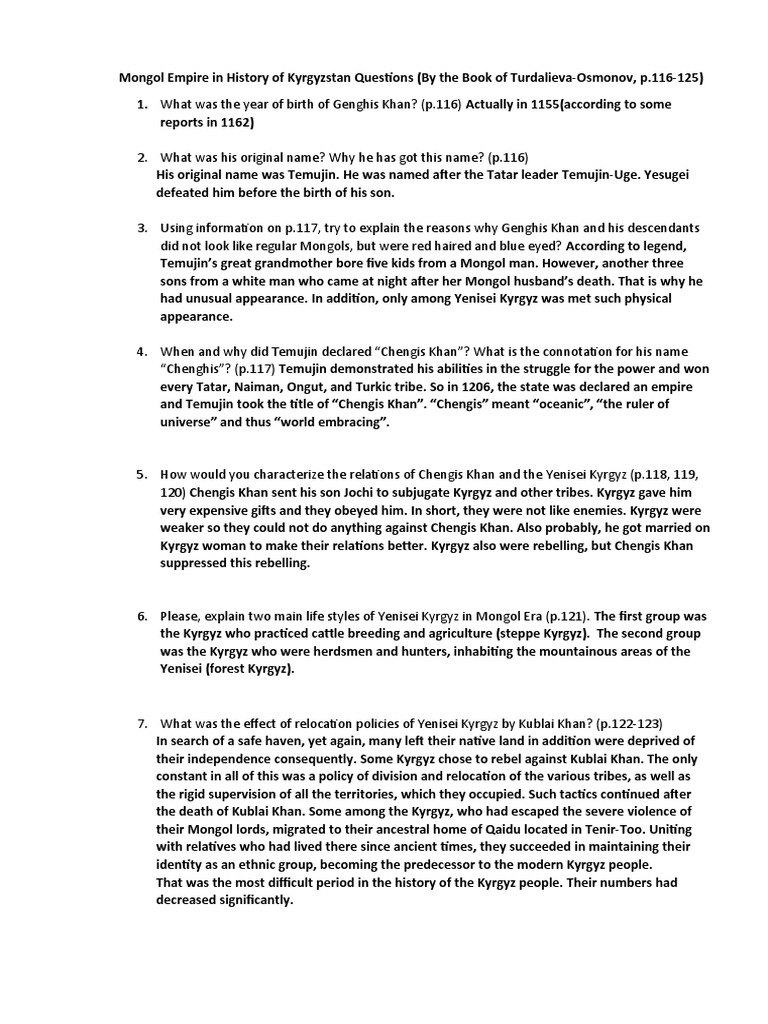 Mongol Empire in History of Kyrgyzstan Questions | PDF | Genghis Khan ...