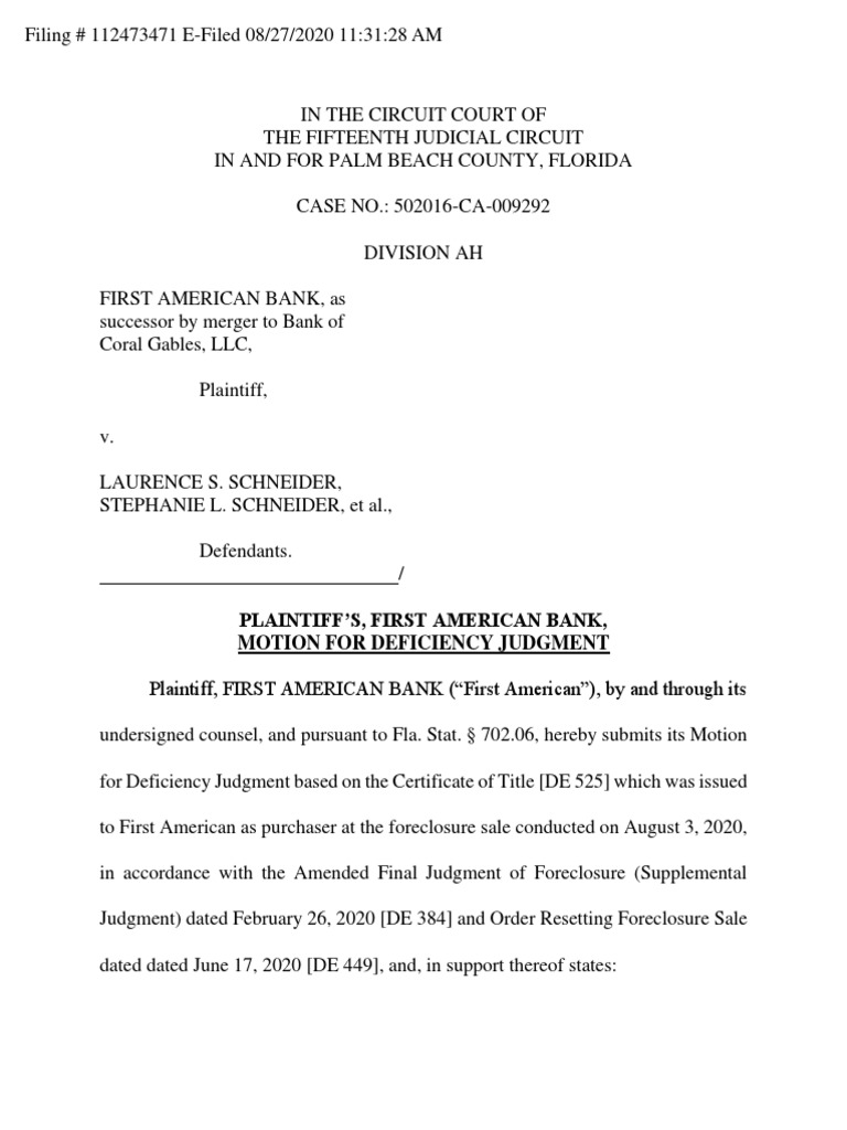 Motion for Deficiency Judgment | PDF | Foreclosure | Attorney's Fee