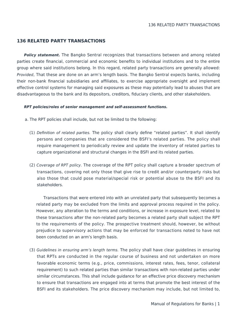 Guidelines for Related Party Transactions | PDF | Business Law | Banks